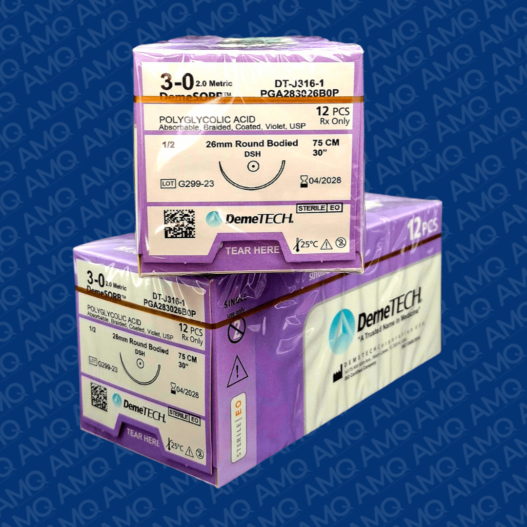 SUTURAS ACIDO POLIGLICOLICO 3-0 AGUJA AHUSADA 26 MM 1/2 75 CM COLOR VIOLETA CAJA C/12 – AMQ